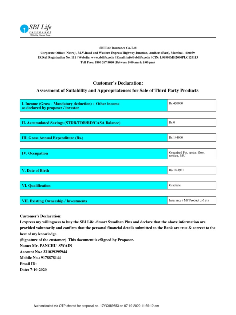 1zyc089653 E01 | PDF | Insurance | Identity Document