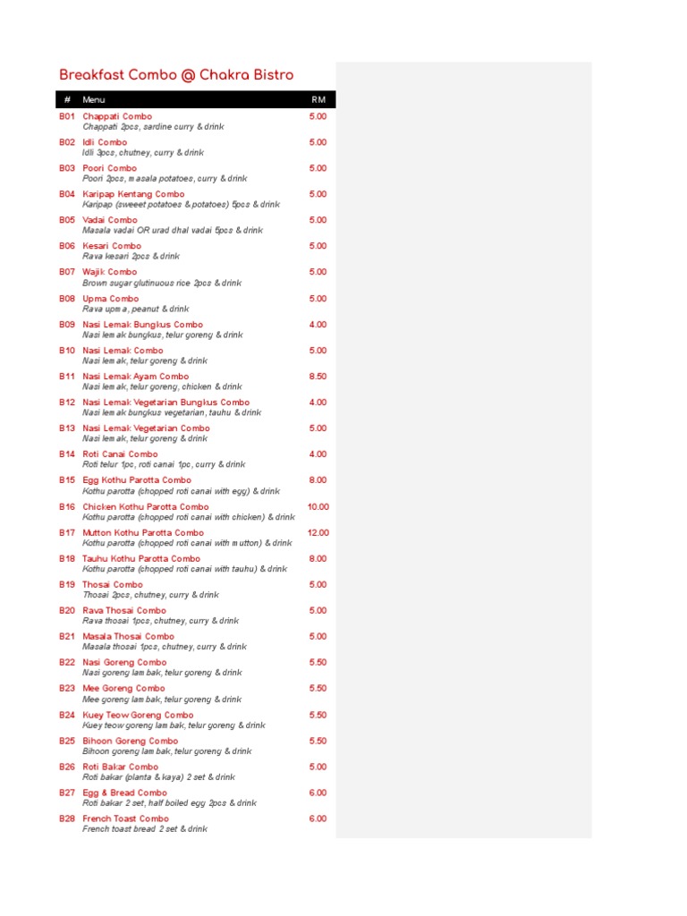 Chakra Bistro MCO Menu | PDF | Indonesian Cuisine | Southeast Asian Cuisine