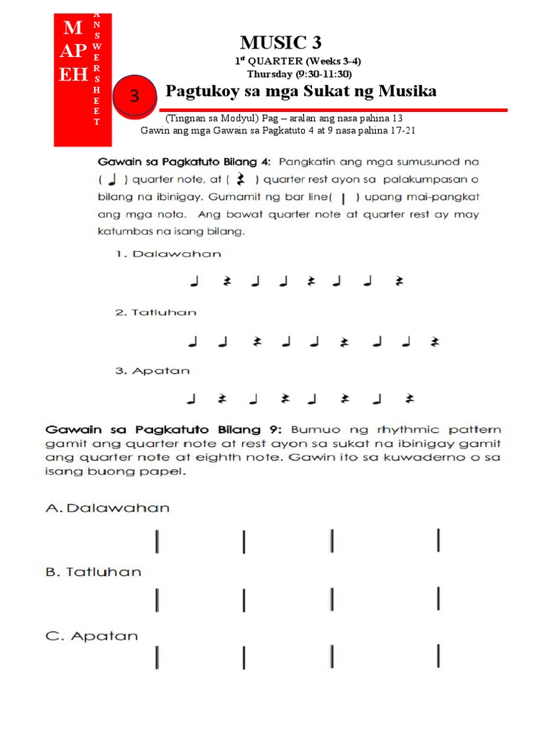 Music&arts-Answersheets-Week 3-4 (Q1) | PDF
