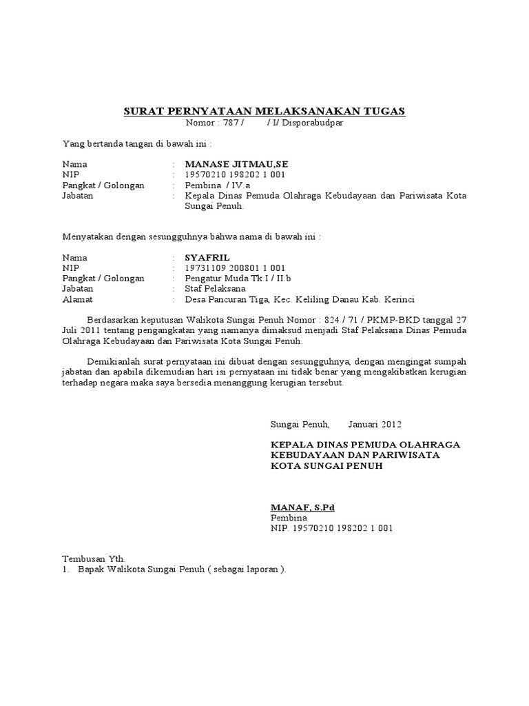 Surat Pernyataan Melaksanakan Tugas SPMT | PDF