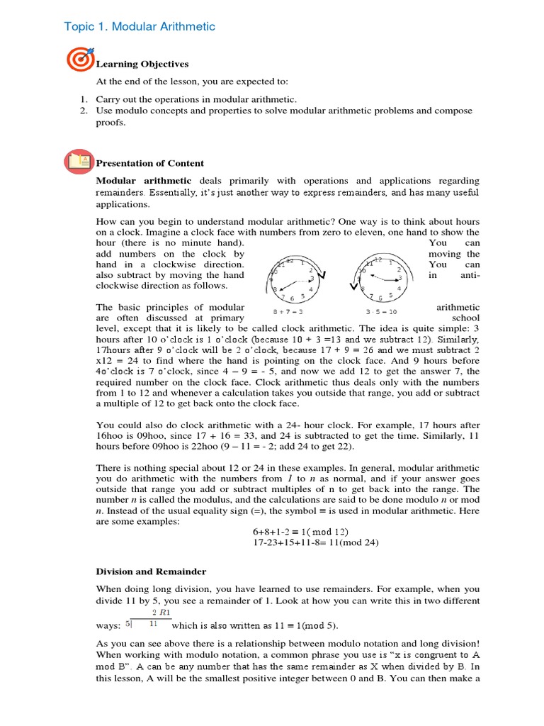 Topic 1. Modular Arithmetic: Learning Objectives | PDF | Ring Theory | Elementary Mathematics