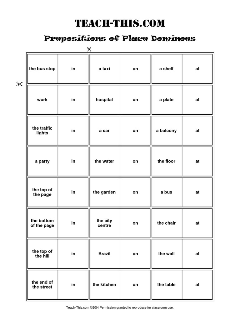 Prepositions of Place Dominoes (At in On) | PDF