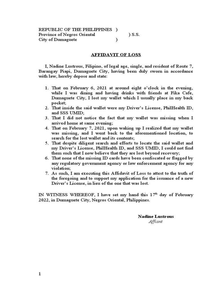 Sample Affidavit of Loss - Driver's License | PDF