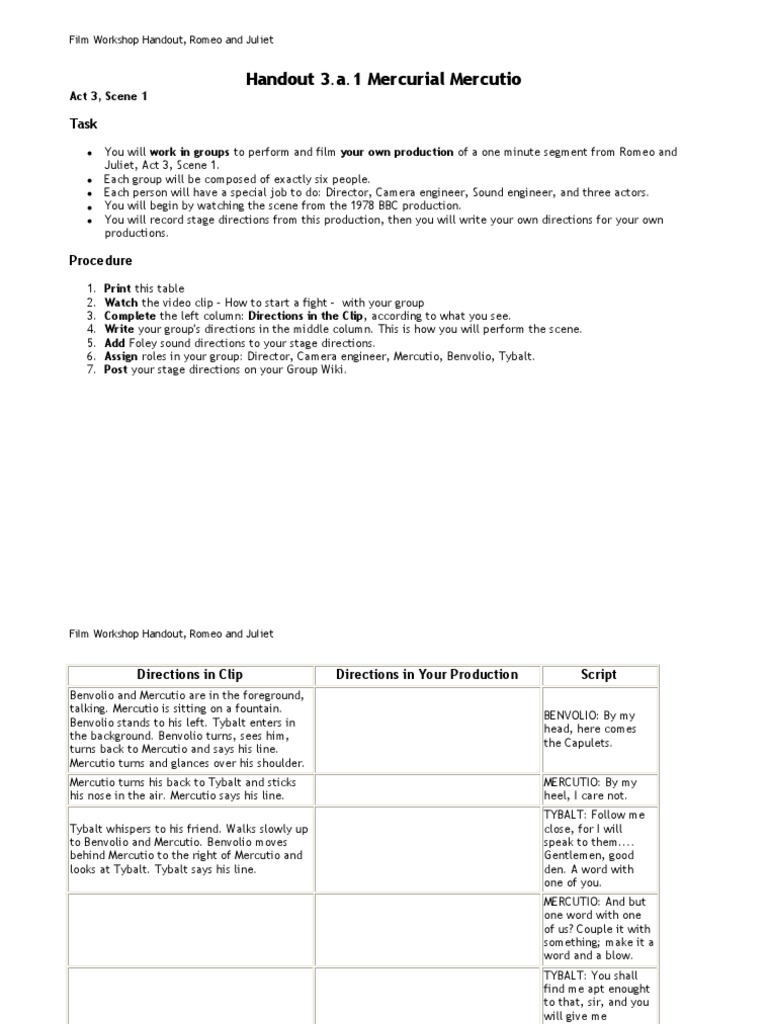 Film Workshop Handout 3 - A - 1 | PDF | Actor | Characters In Romeo And ...