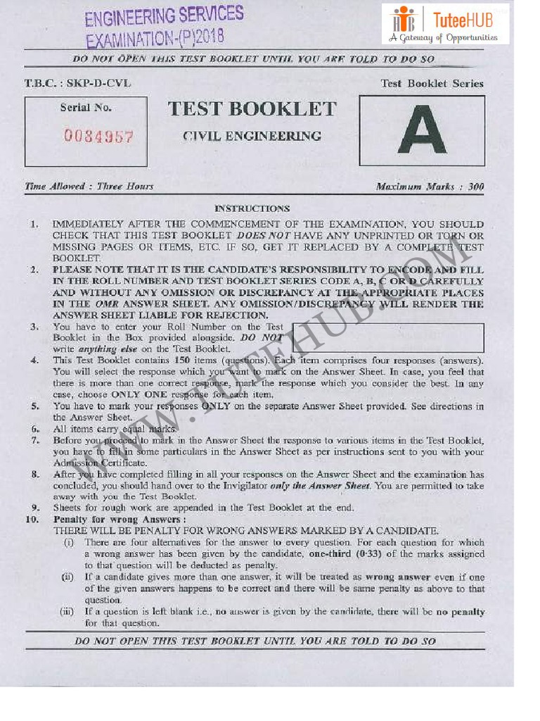 Engineering Services Ies Preliminary Civil Engineering Question Paper ...