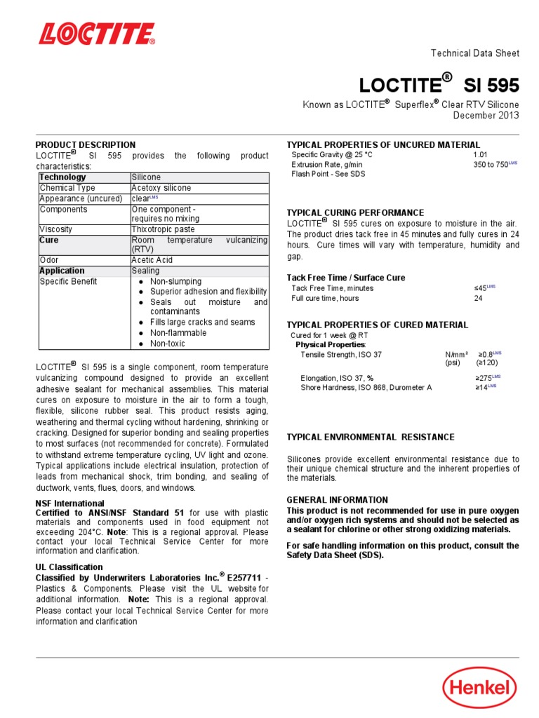 Loctite SI 595: Technical Data Sheet | PDF | Silicone | Trademark