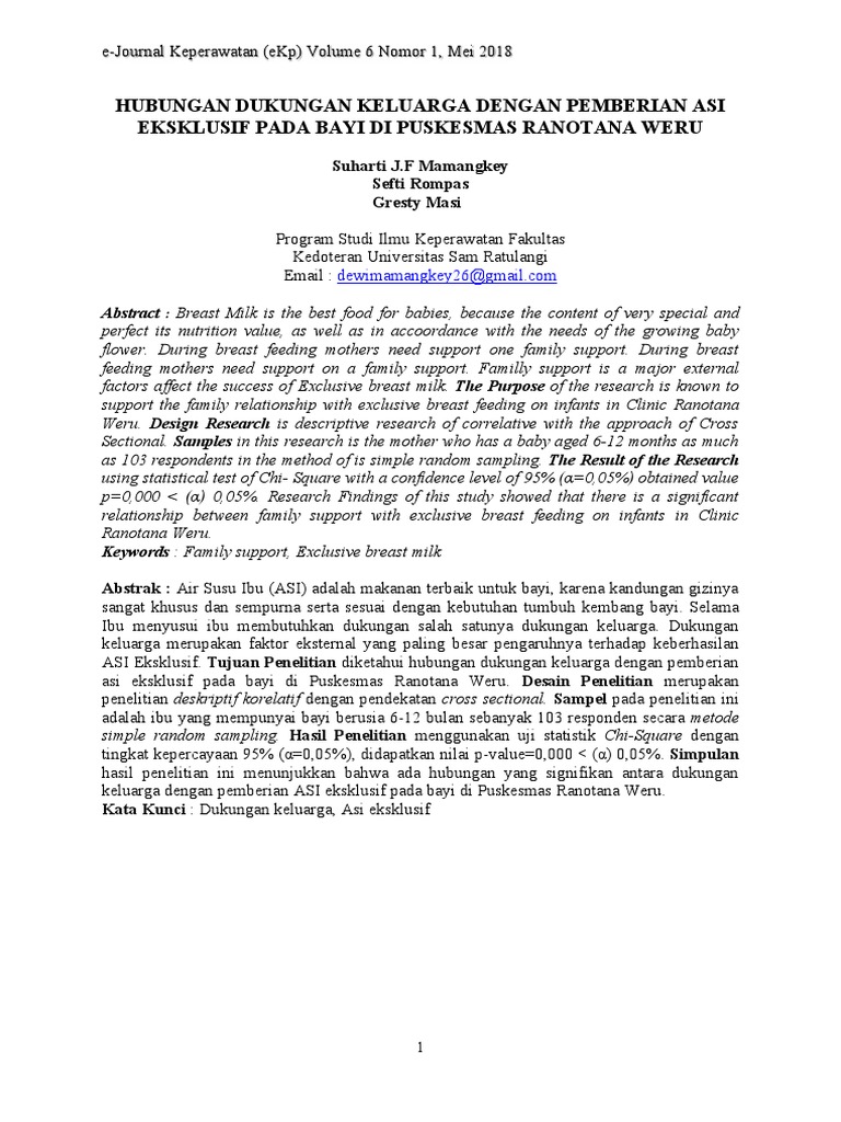 Hubungan Dukungan Keluarga Dengan Pemberian Asi Eksklusif Pada Bayi Di Puskesmas Ranotana Weru | PDF