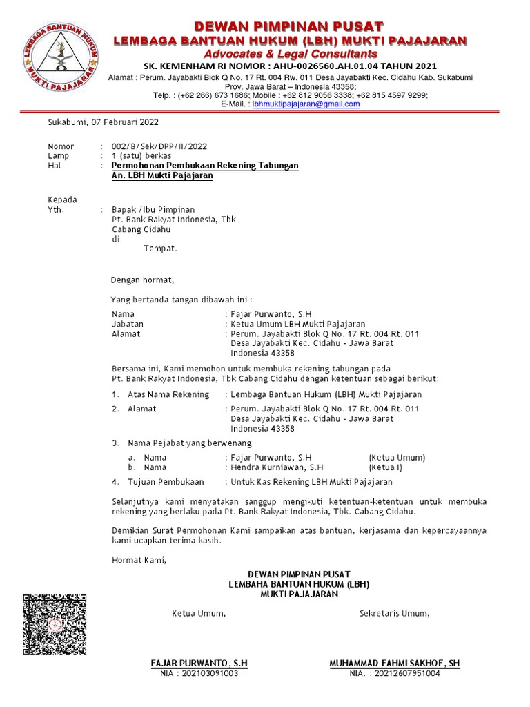 Surat Pembukaan Rek Bri Cab. Cidahu LBH MP | PDF