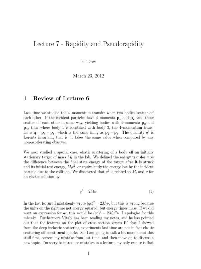 Lecture 7 - Rapidity and Pseudorapidity | PDF | Momentum | Electron