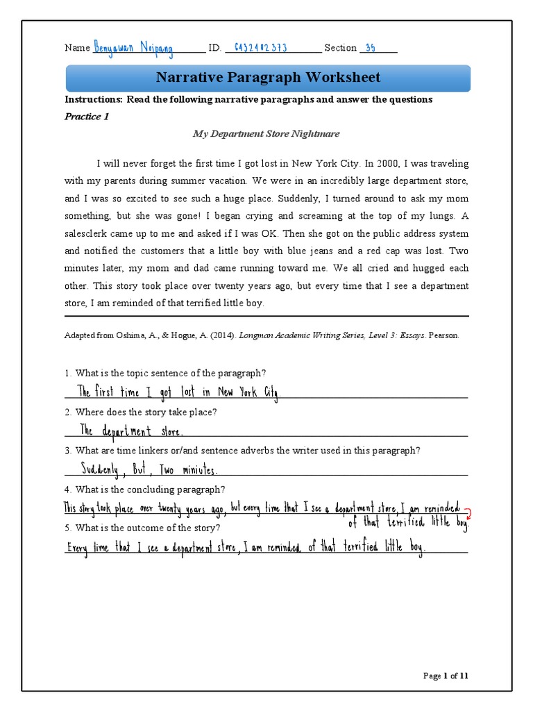 Narrative Paragraph Worksheet: Department | PDF | Test (Assessment ...