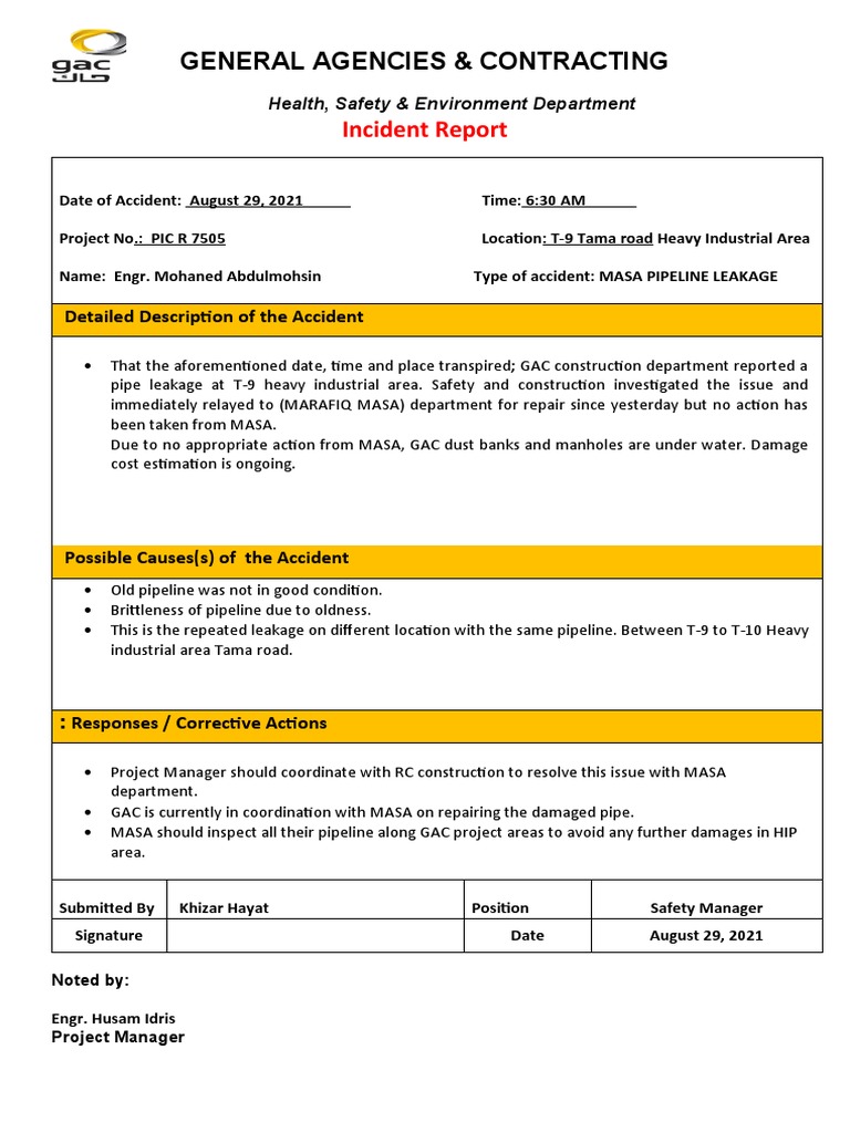 MASA Pipeline Leakage Incident Report | PDF