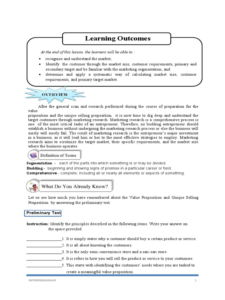 Entrepreneurship Quarter 1 Module 6 | PDF | Market Segmentation ...