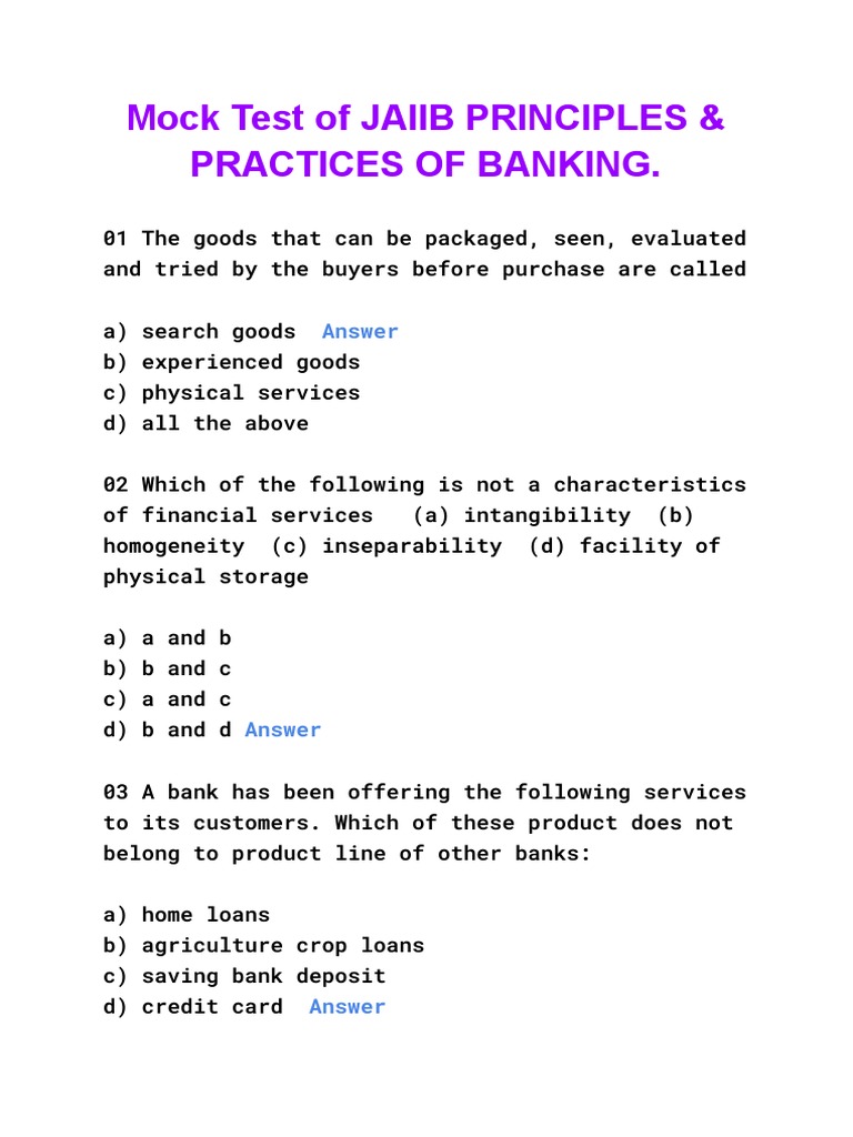 Mock Test of Jaiib Principles & Practices of Banking.: Answer | PDF ...