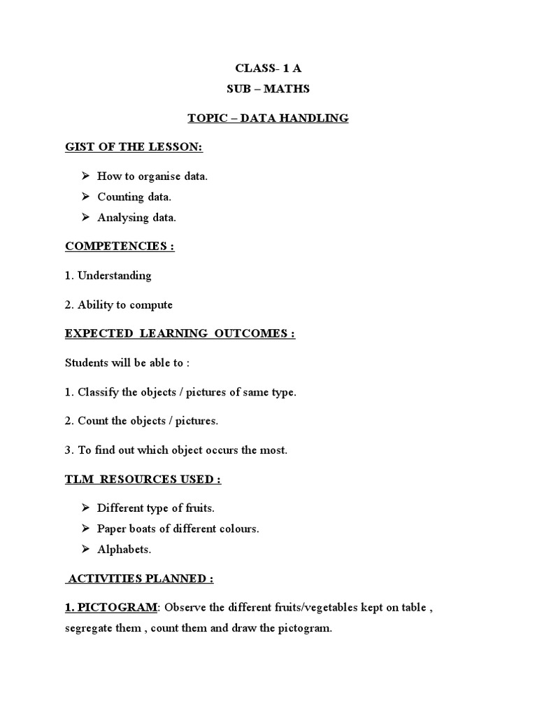 Data Handling Class 1 Lesson Plan | PDF
