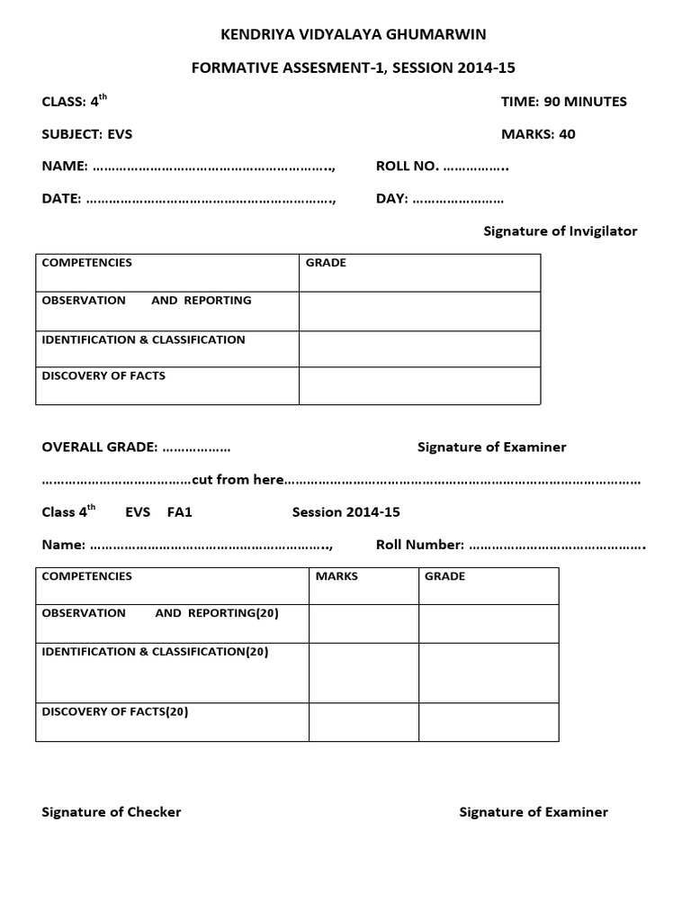 Kendriya Vidyalaya Ghumarwin Formative Assesment-1, Session 2014-15 ...