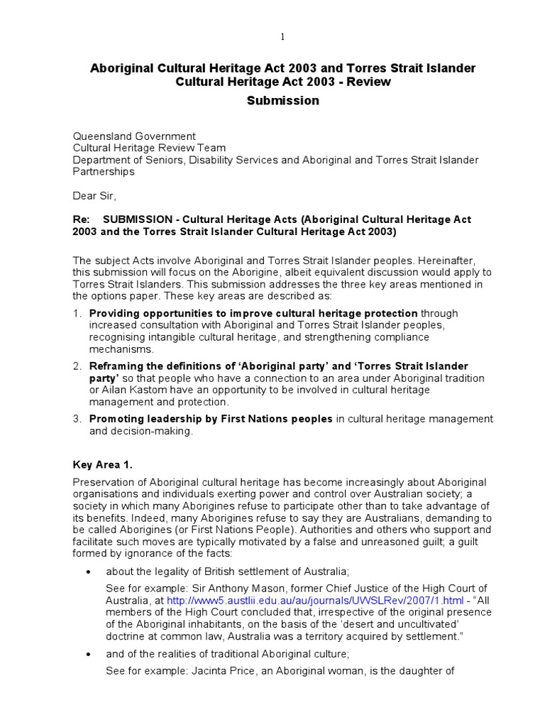 Submission Queensland Aboriginal Cultural Heritage Act 2003 And