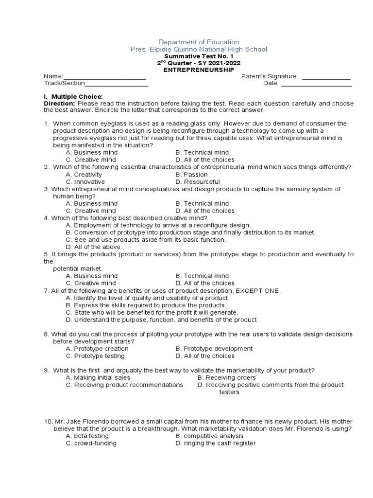 Entrepreneurship Test for Quirino High School | PDF | Entrepreneurship ...