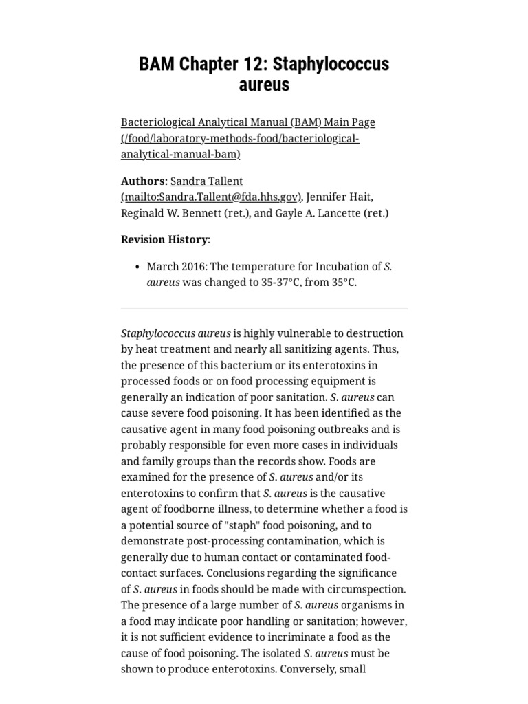 FDA BAM Chapter 12: Staphylococcus aureus | PDF | Foodborne Illness ...