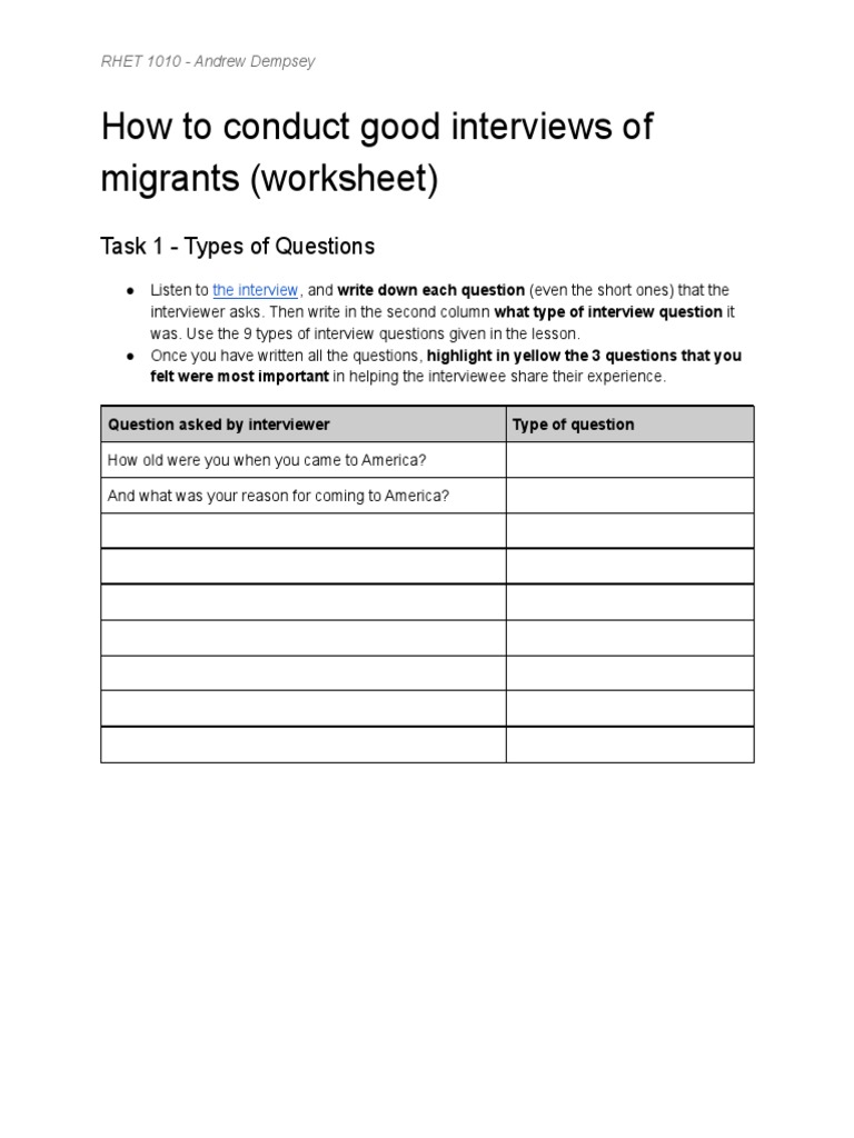 How To Conduct Good Interviews of Migrants (Worksheet) : Task 1 - Types ...