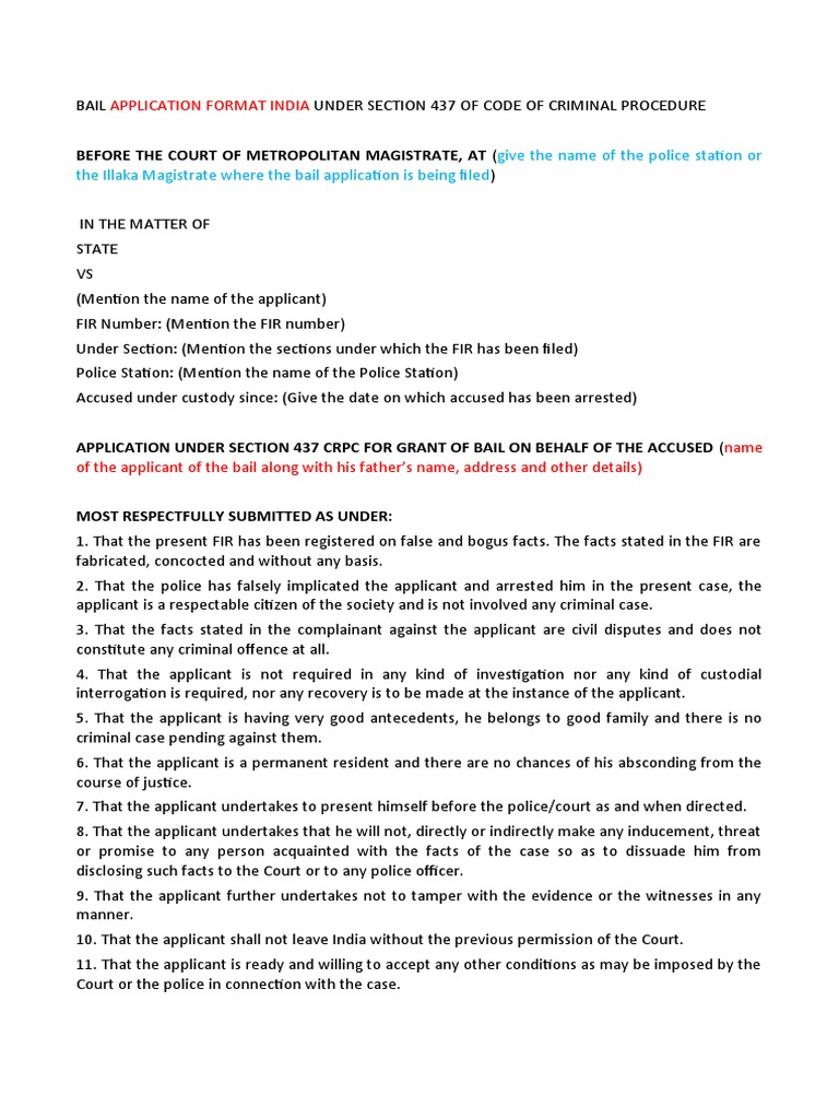 Application for Bail Under Section 437 of the Code of Criminal ... Application for Bail Under Section 437 of the Code of Criminal ...