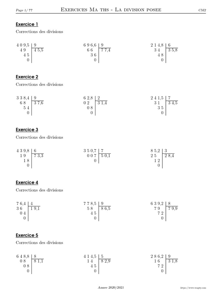 Division Posee Cm2 Nombres Decimaux Par Entier 3 Correction 1 | PDF