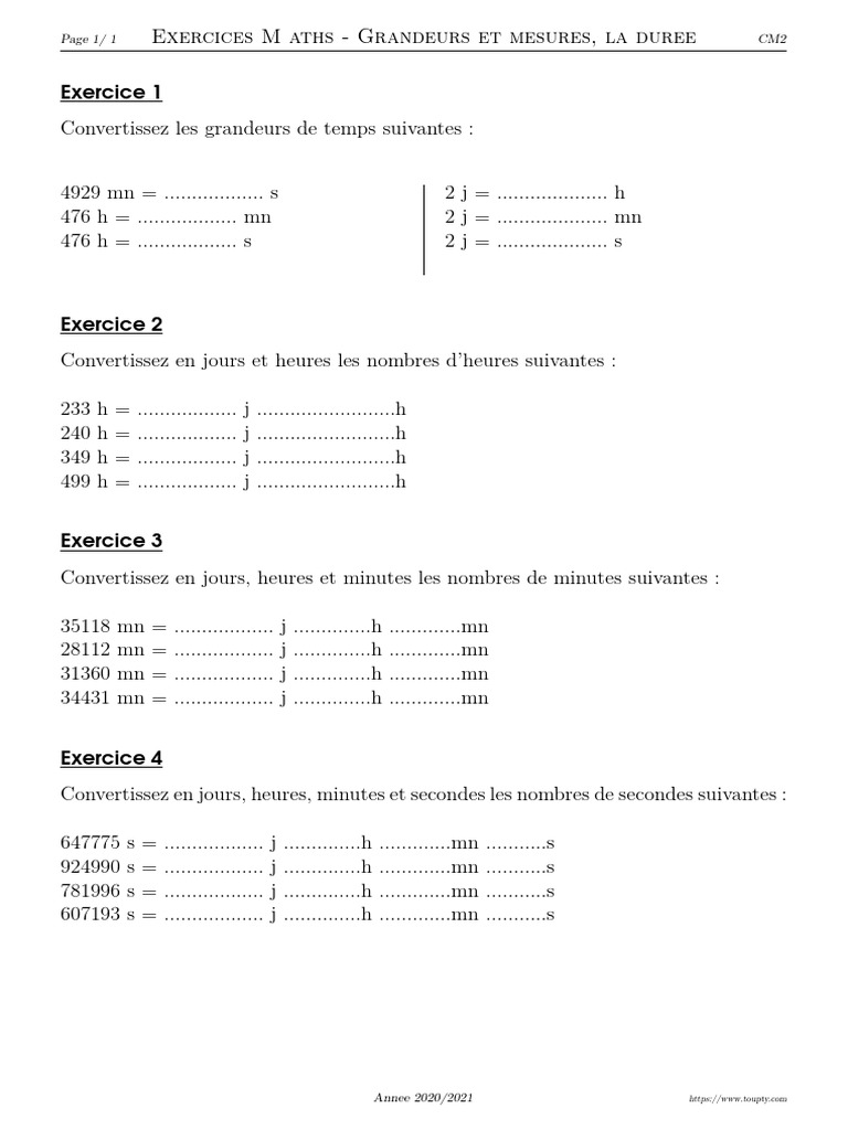 Exercices de conversion durée CM2 | PDF
