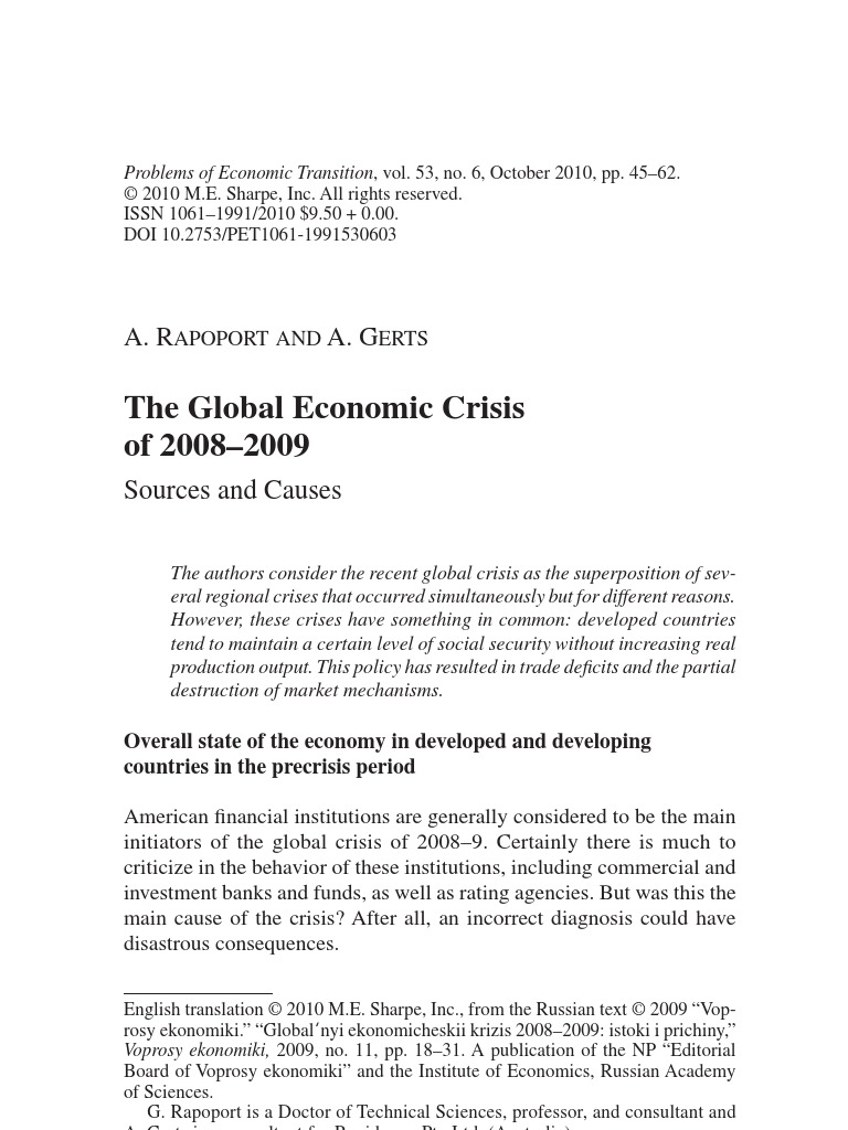 The Global Economic Crisis of 2008-2009: A. R A. G | PDF | Gross ...