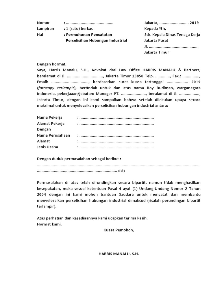 Contoh Permohonan Pencatatan Perselisihan Ke Disnaker | PDF