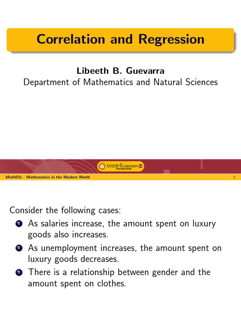 Correlation and Regression: Libeeth B. Guevarra Department of Mathematics and Natural Sciences ...