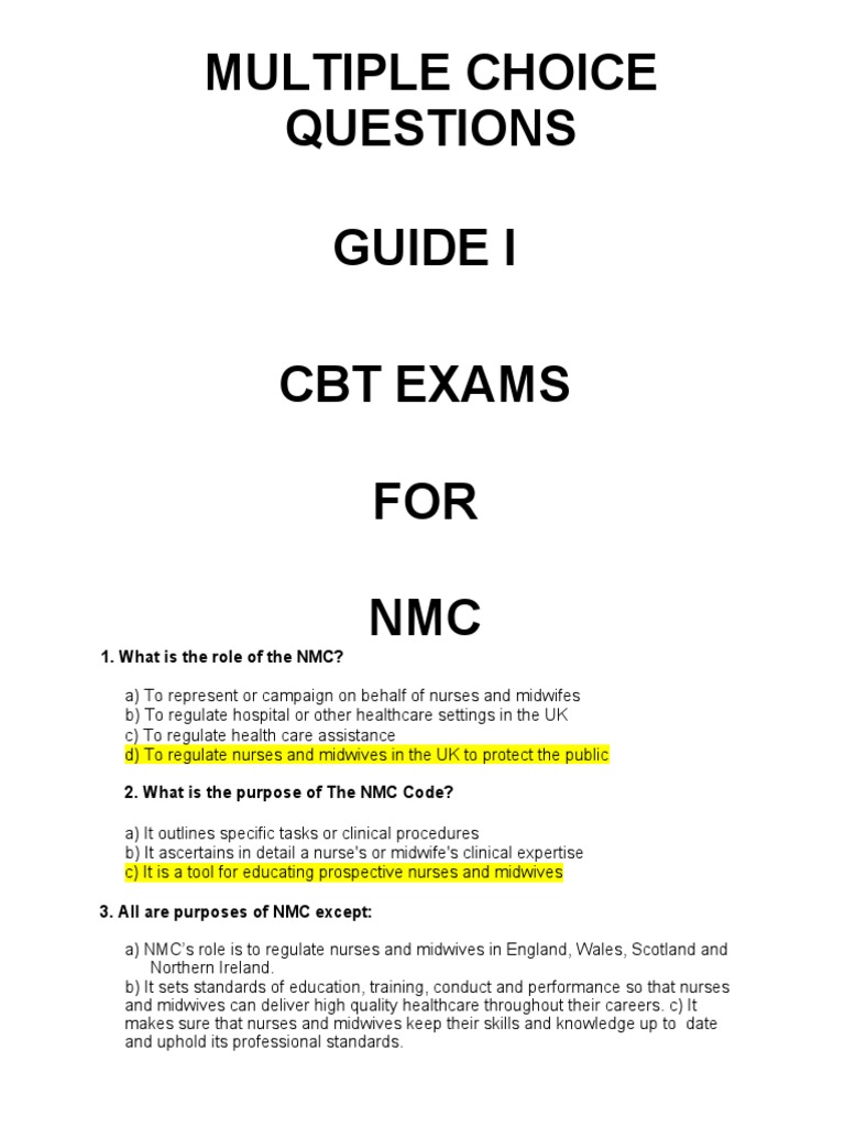 Multiple Choice Questions Guide L CBT Exams FOR NMC: 1. What Is The Role of The NMC? | PDF ...