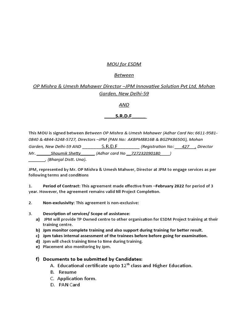 Mou For Esdm Between OP Mishra & Umesh Mahawer Director - JPM Innovative Solution PVT LTD, Mohan ...