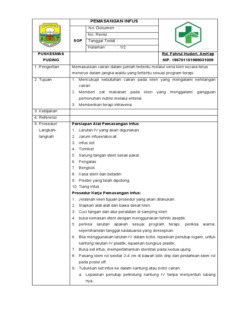 SOP Pemasangan Infus | PDF