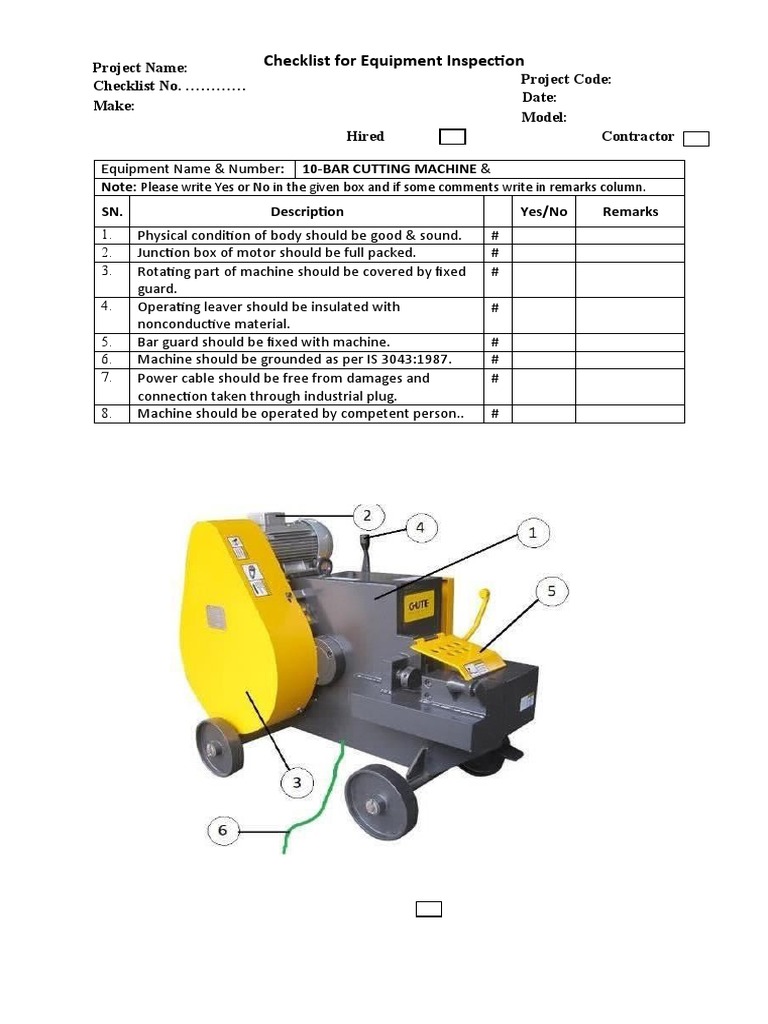 Checklist For Equipment Inspection Bar Cutting Machine | PDF