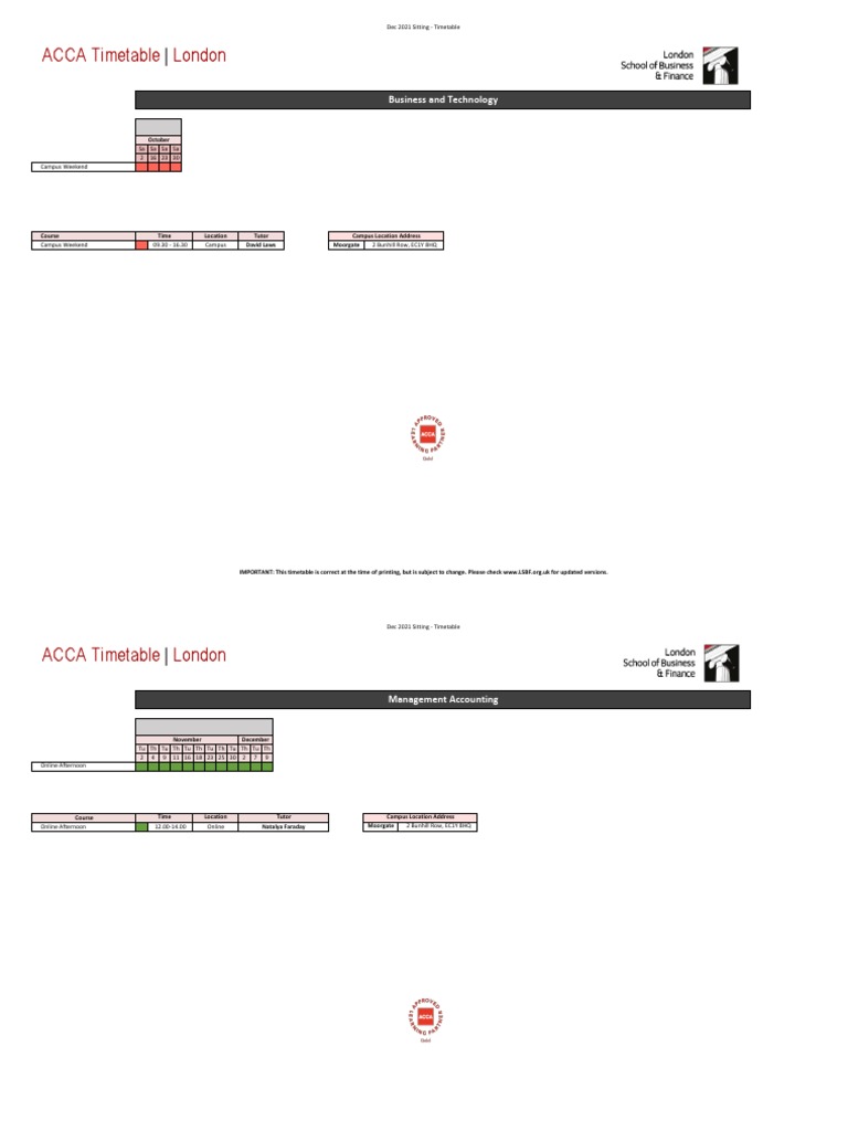ACCA Timetable Tuition and Revision December 2021 Sitting v14 | PDF ...