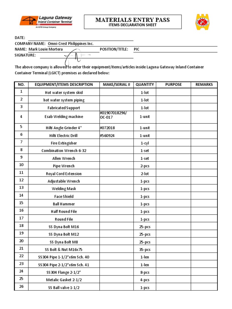 Materials Entry Pass: Items Declaration Sheet | PDF | Pipe (Fluid ...
