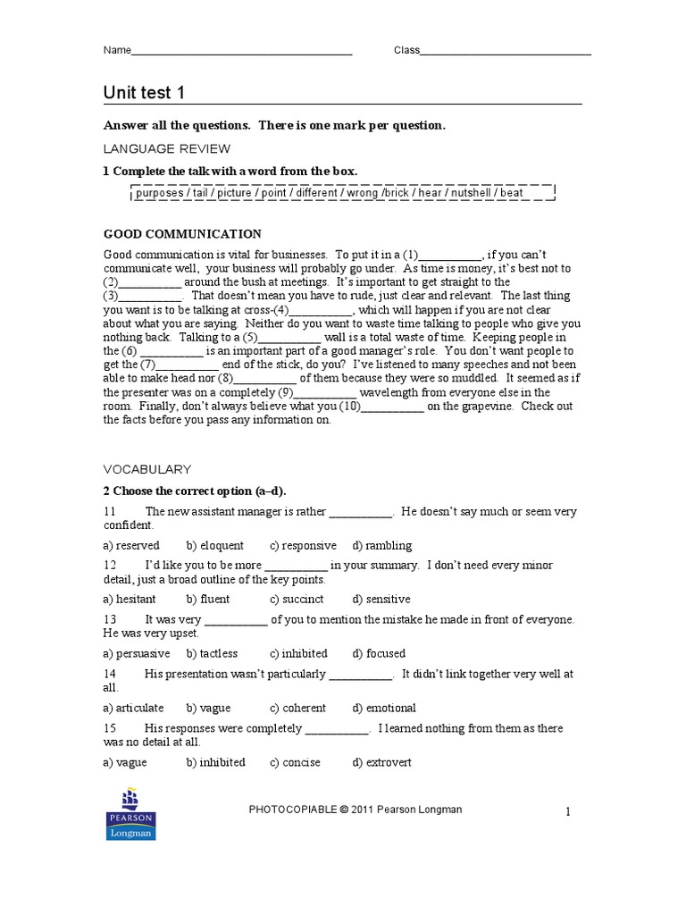 Unit Test 1: Answer All The Questions. There Is One Mark Per Question ...