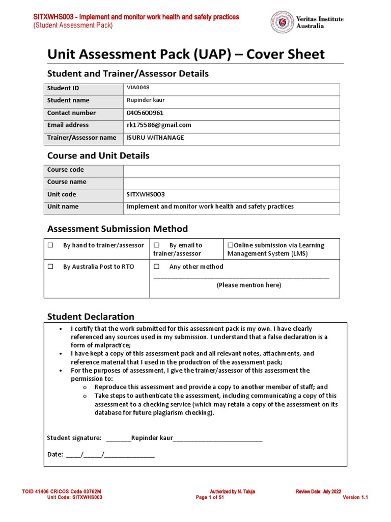 SITXWHS003 Unit Assessment Pack | PDF | Occupational Safety And Health ...