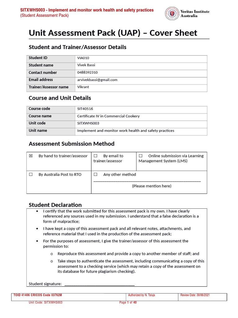 Unit Assessment Pack (UAP) - Cover Sheet: Student and Trainer/Assessor ...
