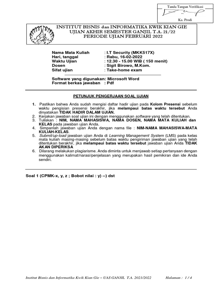 Soal UAS I.T. Security Reguler Ganjil 21-22 | PDF | Bisnis | Komputer