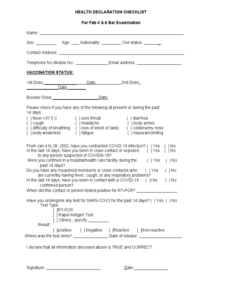Health Declaration Checklist For Feb 4 & 6 Bar Examination | PDF