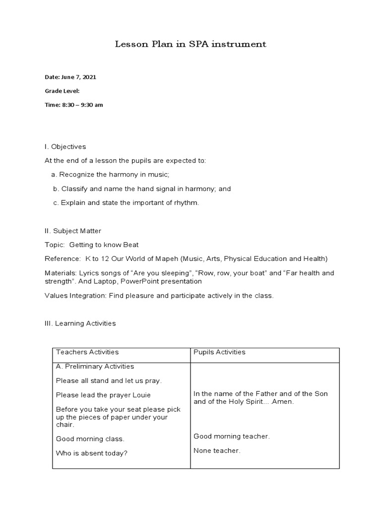 Lesson Plan in SPA Intrument | PDF | Scale (Music) | Musicology