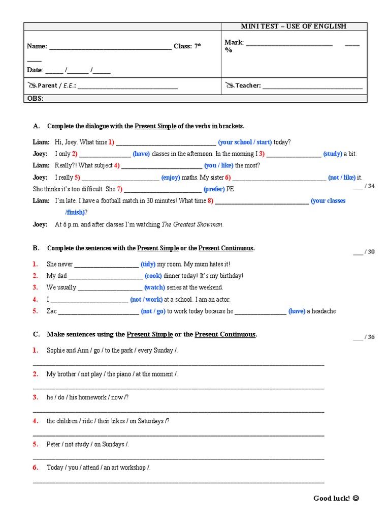 Mini Test - Present Simple Vs Present Continuous | PDF | Linguistic ...