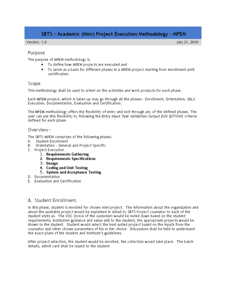 SBTS - Mini Project Execution Methodology | PDF | Verification And ...