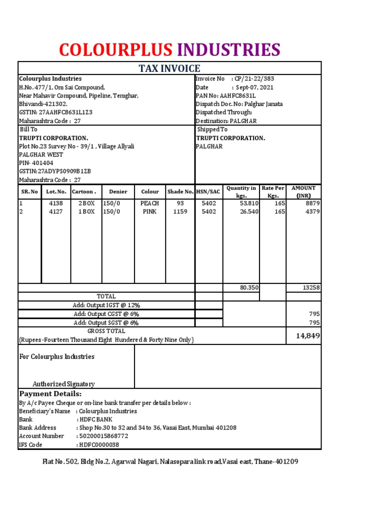 Colourplus GST Invoice - 2020-2021 - Trupti | PDF | Financial Services ...