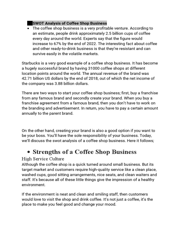 Coffee Shop SWOT: Strengths, Weaknesses, Opportunities, Threats | PDF ...