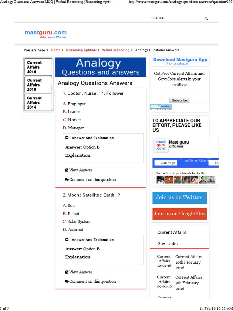 Analogy Questions Answers MCQ - Verbal Reasoning - Reasoning Aptitude ...