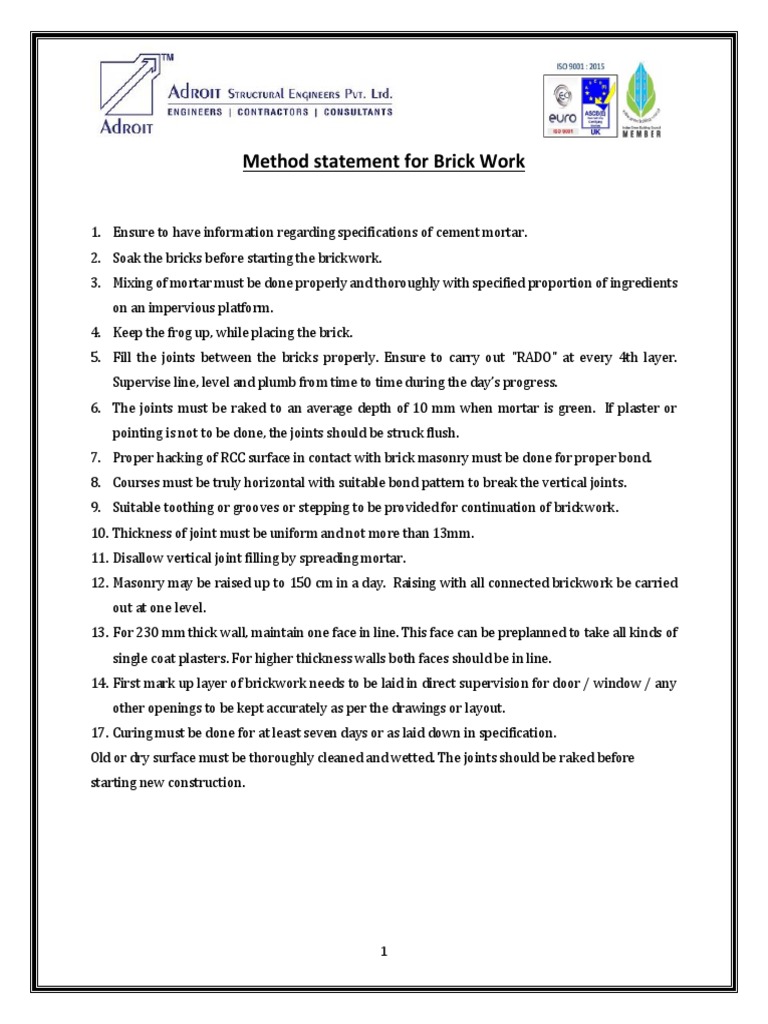 Method Statement For Brick Work | PDF