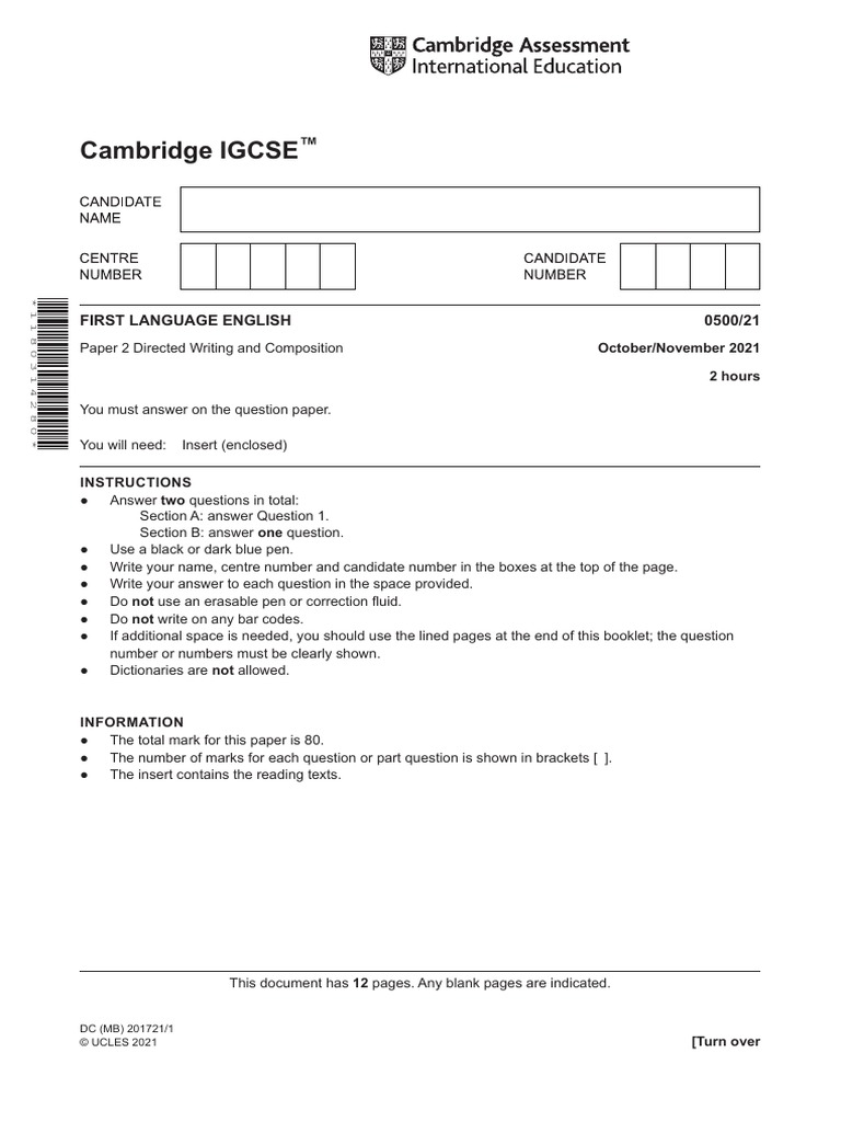 Cambridge IGCSE: First Language English 0500/21 | PDF | Communication