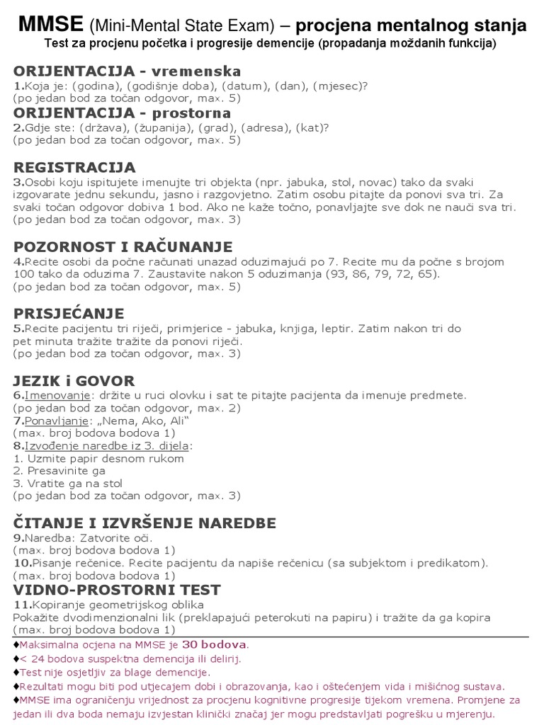 Demencija MMSE Mini Mental State Exam Za Procjenu | PDF