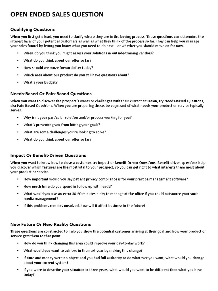 Open Ended Sales Question | PDF | Sales | Business